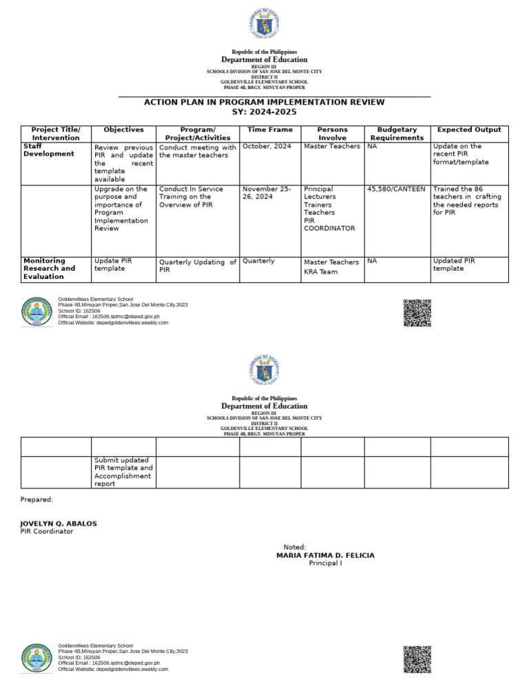 Goldenville ES 2024-2025 PIR Action Plan | PDF