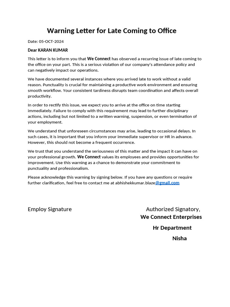 Warning Letter For Late Coming To Office | PDF