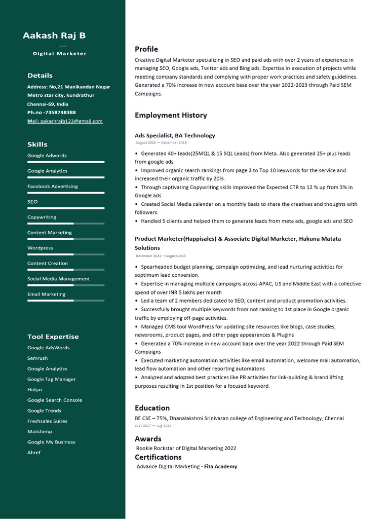 Aakash Raj B Resume | PDF