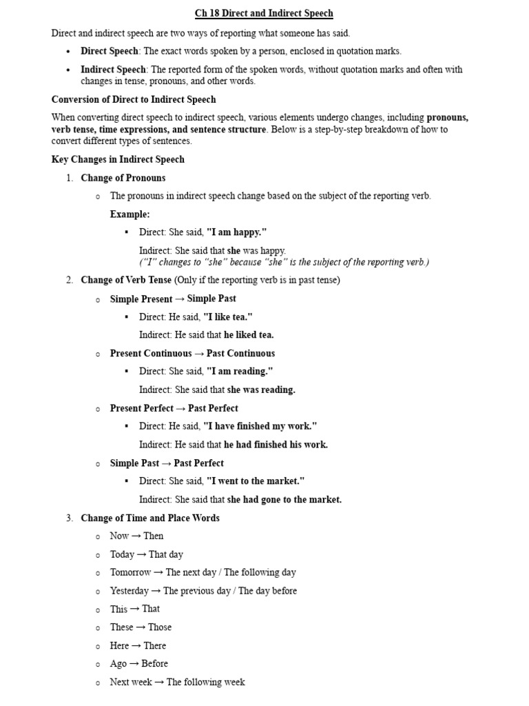 Direct vs Indirect Speech Guide | PDF | Question | Perfect (Grammar)