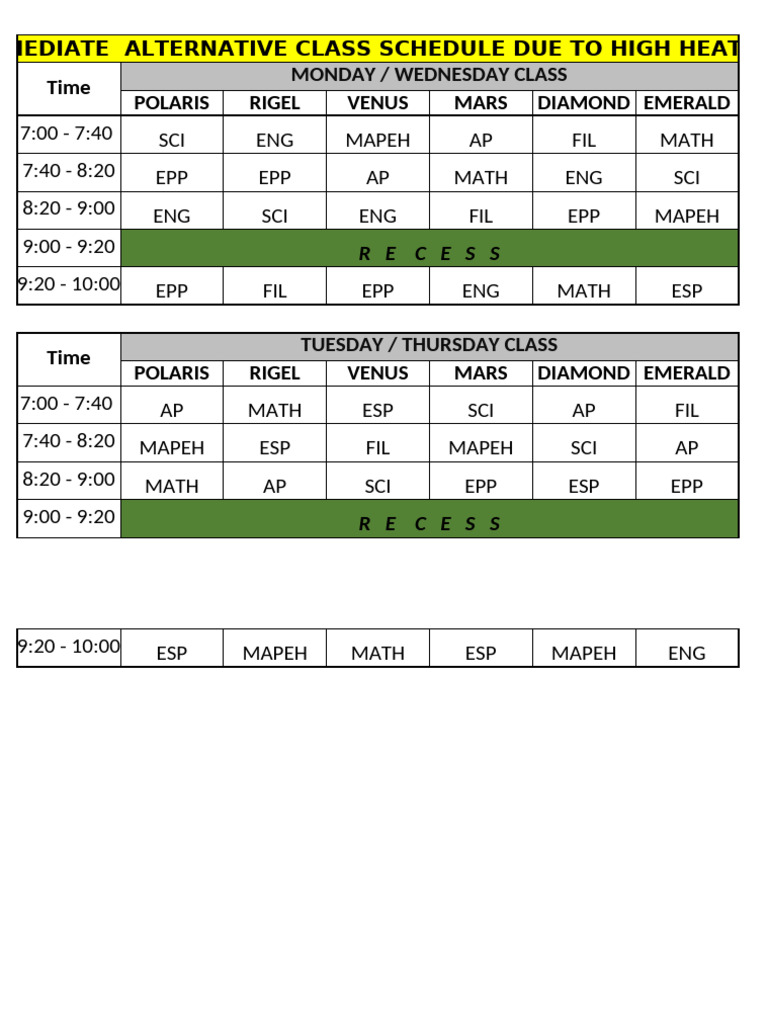 Intermediate Class Schedule Due To High Heat Index | PDF