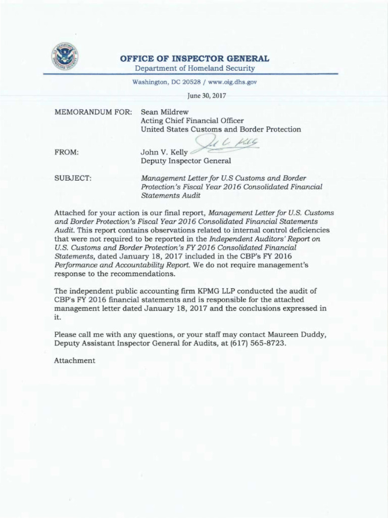 OIG-17-90 - Management Letter For U.S Customs and Border Protection's ...