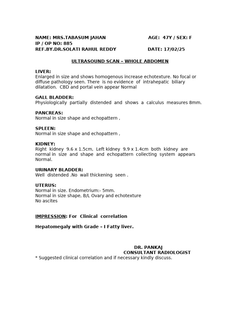 Whole Abdomen Ultrasound Report | PDF