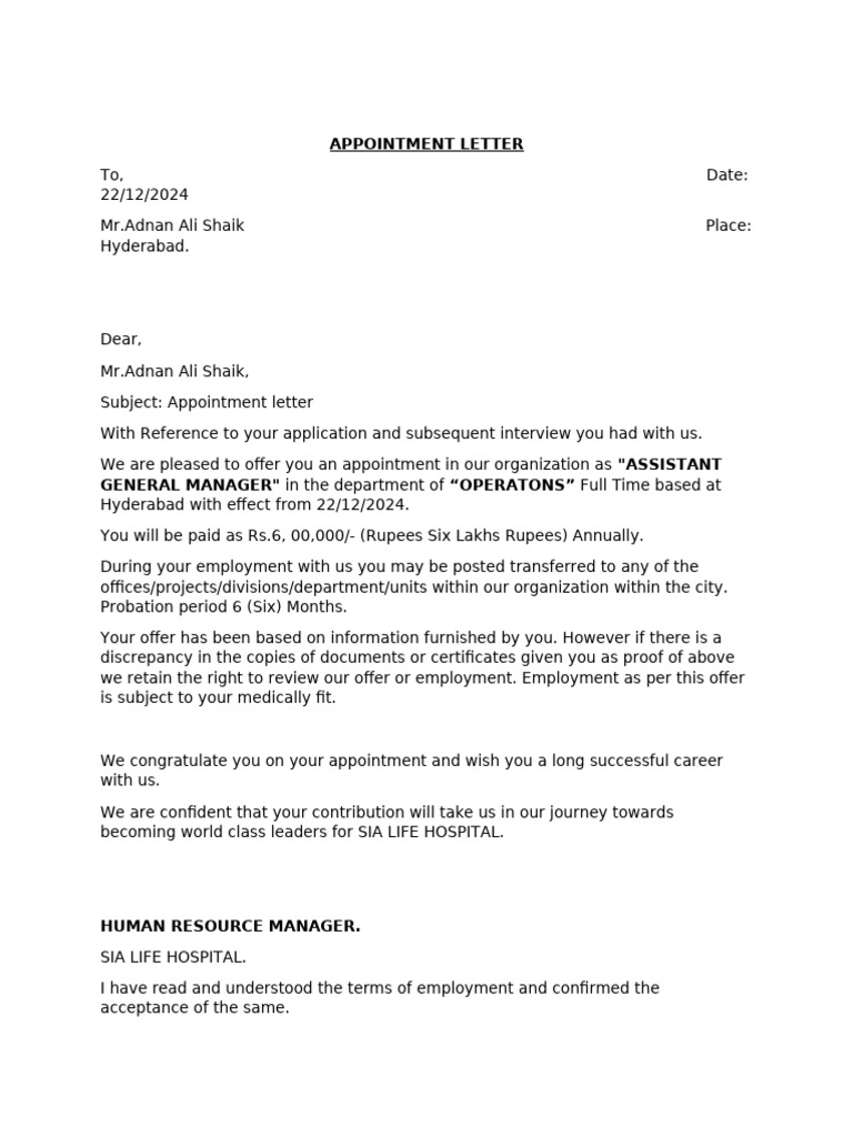 Appointment Letter Format | PDF