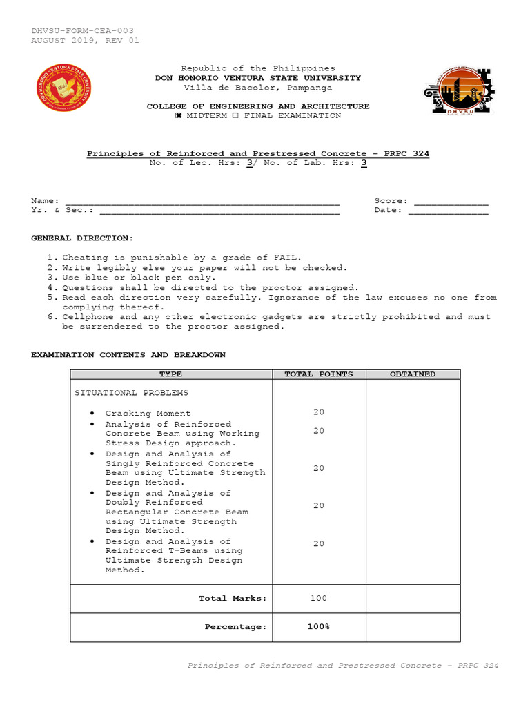 PRPC 324 Concrete Exam Paper | PDF | Beam (Structure) | Structural ...