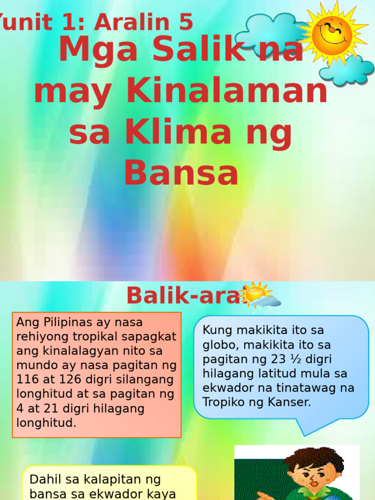 AP Y1 Aralin 5 Mga Salik Na May Kinalaman Sa Klima NG Bansa Inkay - Peralta | PDF