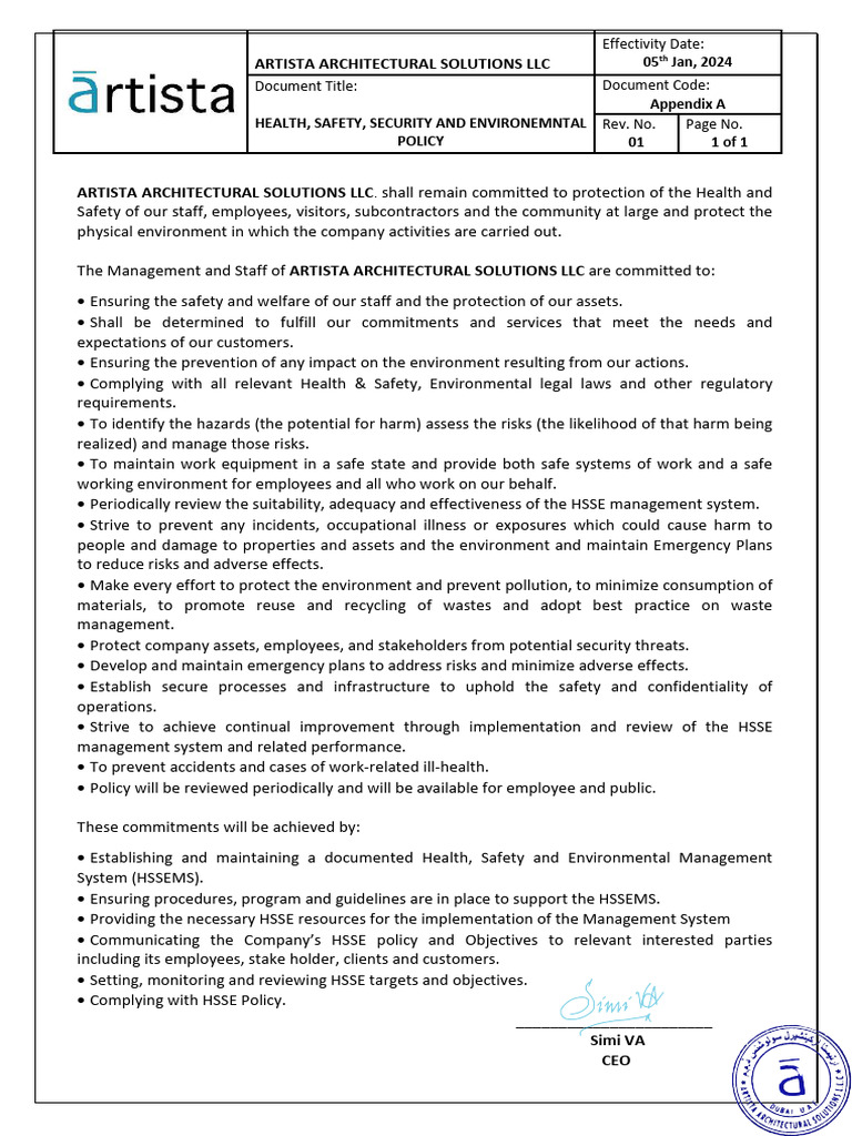 1.1.1 HSSE Policy - Appendix A | PDF | Occupational Safety And Health ...