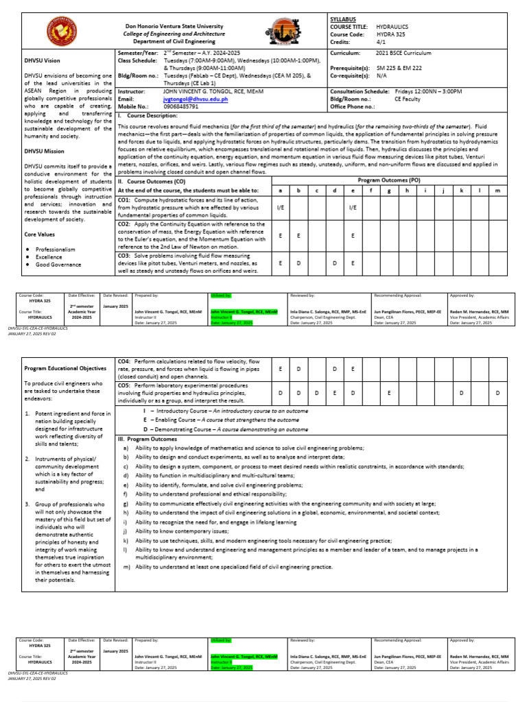 On Going Editing Hydra 325 Hydraulics Syllabus Obe Cdio Format 2025 | PDF | Fluid Dynamics ...