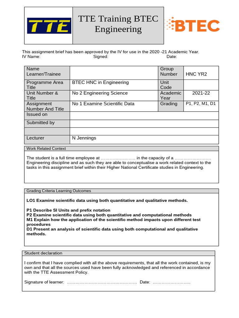 HNC Unit Assignment Brief 2020-21 | PDF | Engineering | Data