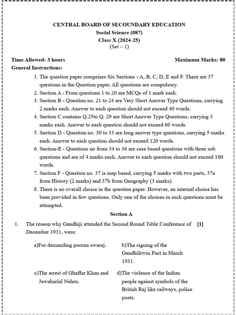 Class X Social Science Exam Paper 2024-25 | PDF