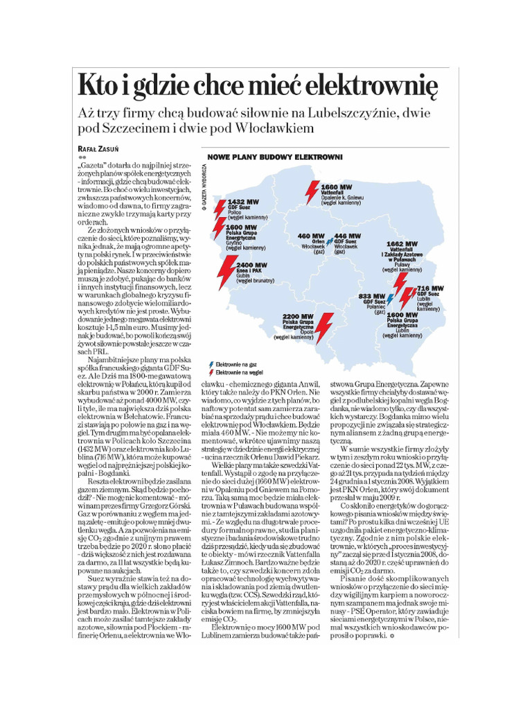 Kto I Gdzie Chce Miec Elektrownie | PDF