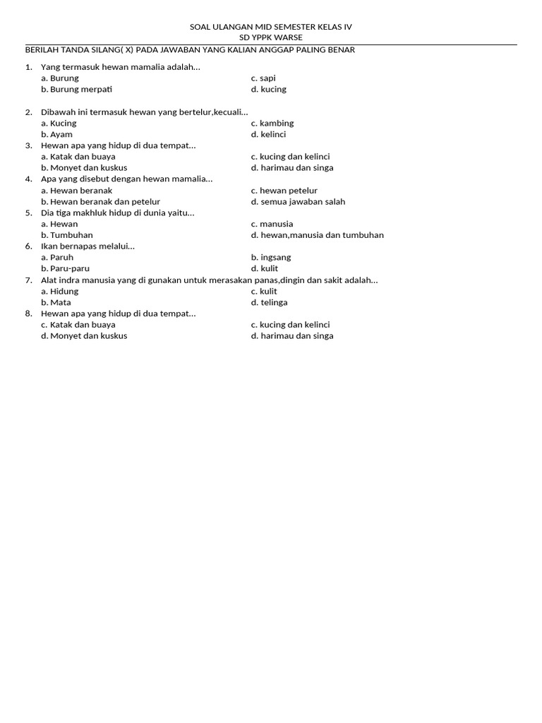 Soal Ulangan Sains Kelas 4 | PDF