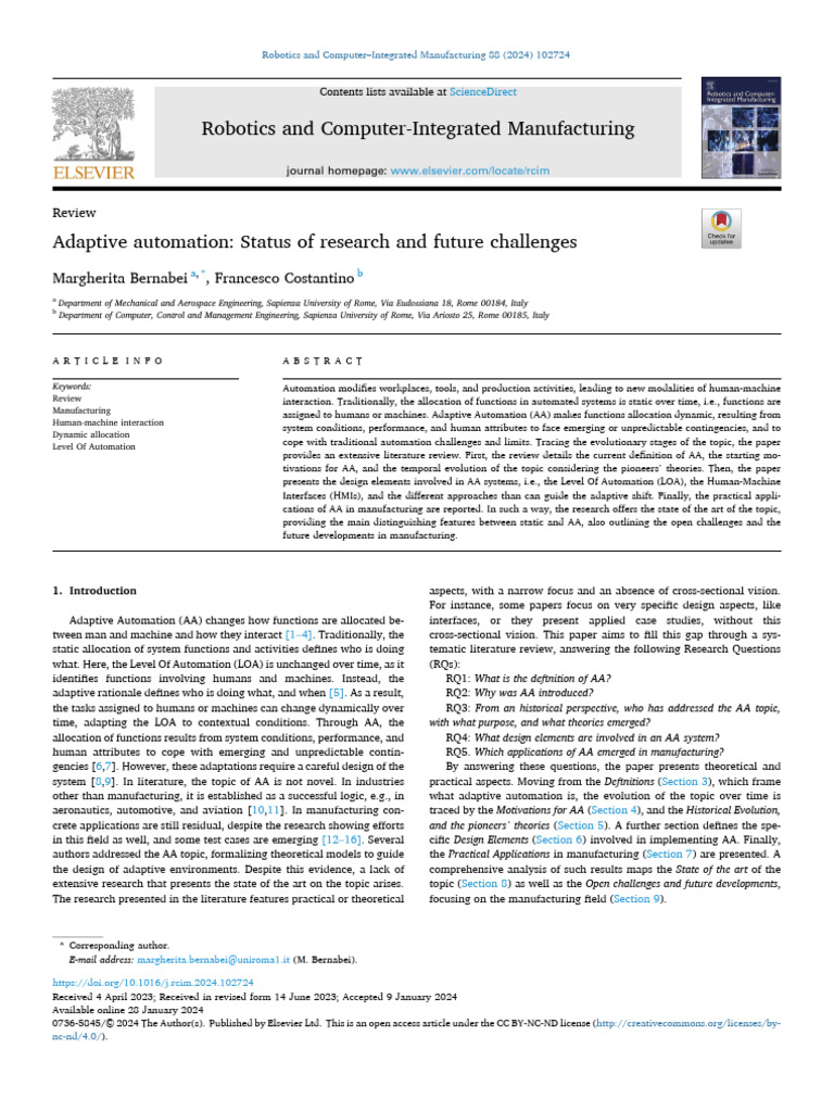 Adaptive automation-Status of research and future challenges | PDF | Automation | System