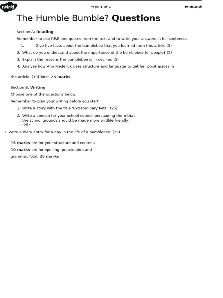 GCSE Style Reading and Writing Assessment - Bumblebees - Test Paper ...