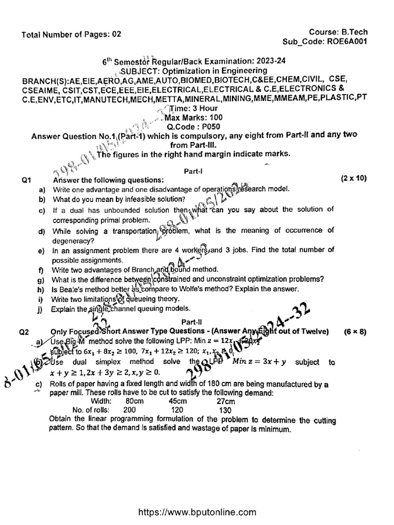 Btech 6 Sem Optimization in Engineering Roe6a001 2024 | PDF