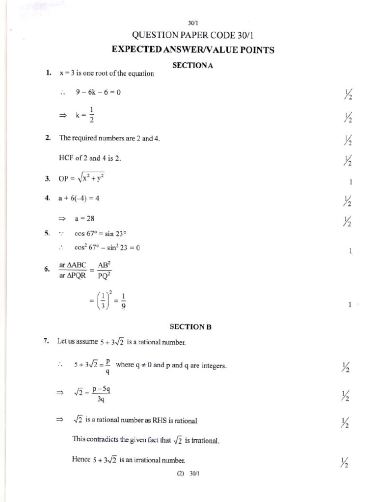 10 Maths CBSE Exam Papers 2018 Set 1 Marking Scheme | PDF