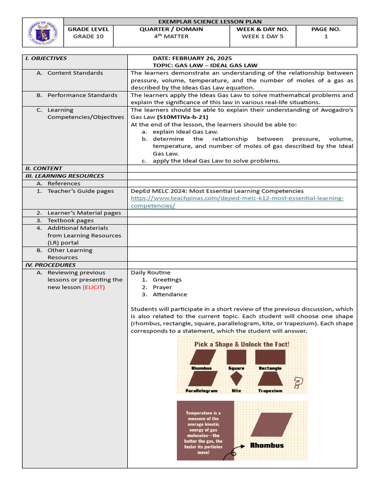 Grade 10 Ideal Gas Law Lesson Plan | PDF | Gases | Applied And ...