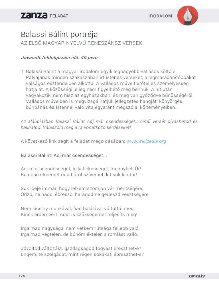 Balassi - Zanza Feladatok | PDF