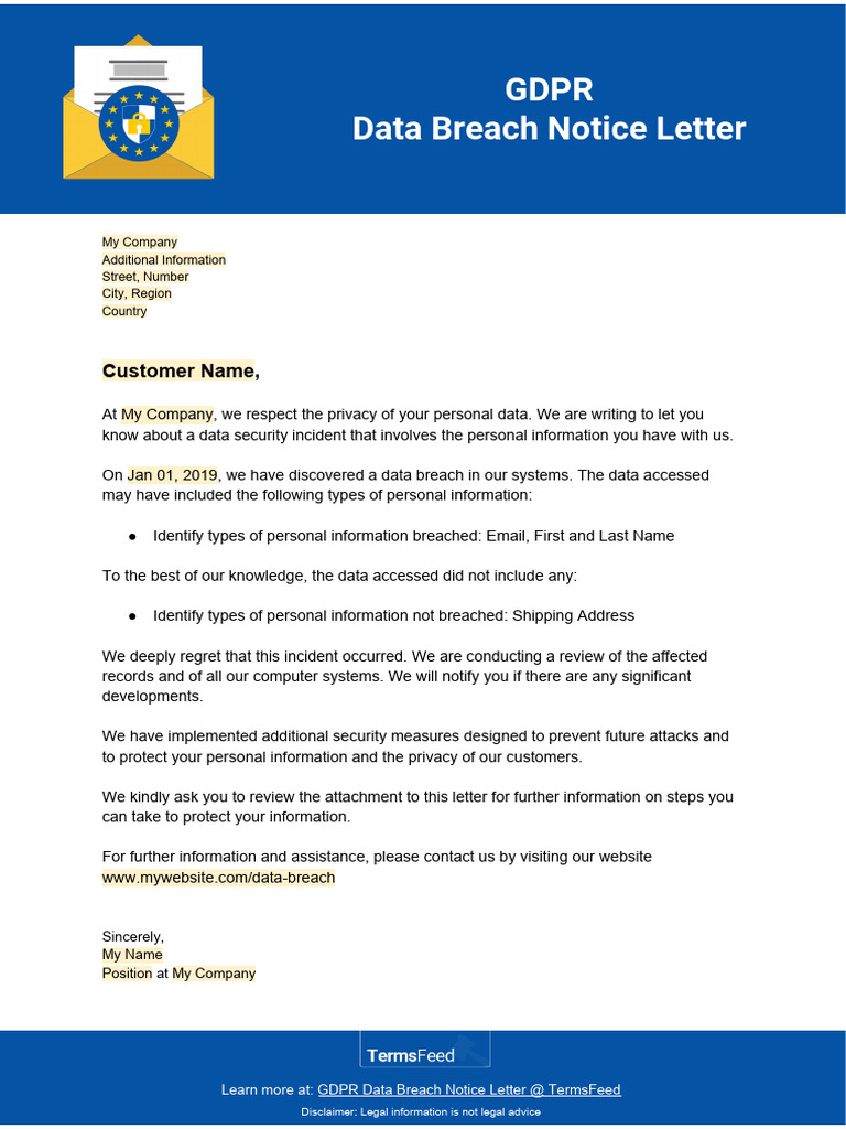 TermsFeed - Sample GDPR Data Breach Notice Letter (Jan, 101) | PDF