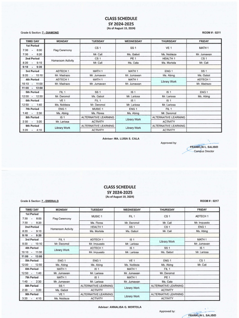 Class Schedule SY 2024-2025 (As of August 19, 2024) GRADE 7-12 | PDF ...