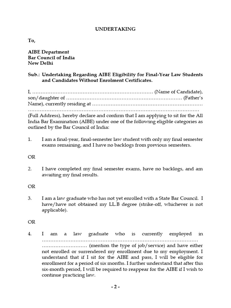 AIBE Eligibility Undertaking Form | PDF