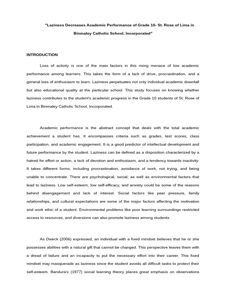 Laziness Decreases Academic Performance of Grade 10 | PDF ...