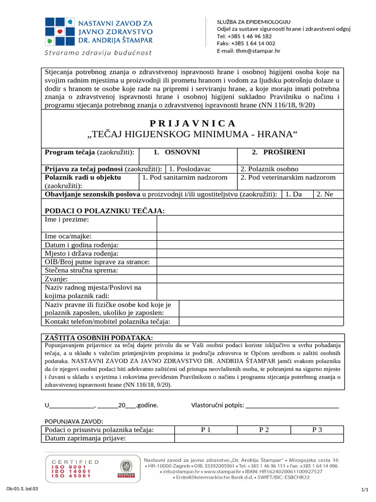 Prijavnica Za Tečaj Higijenskog mimimuma-HRANA - 23.07.2024 | PDF