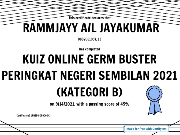 Certificate For RAMMJAYY A - L JAYAKUMAR For - KUIZ ONLINE GERM BUSTER PER... | PDF