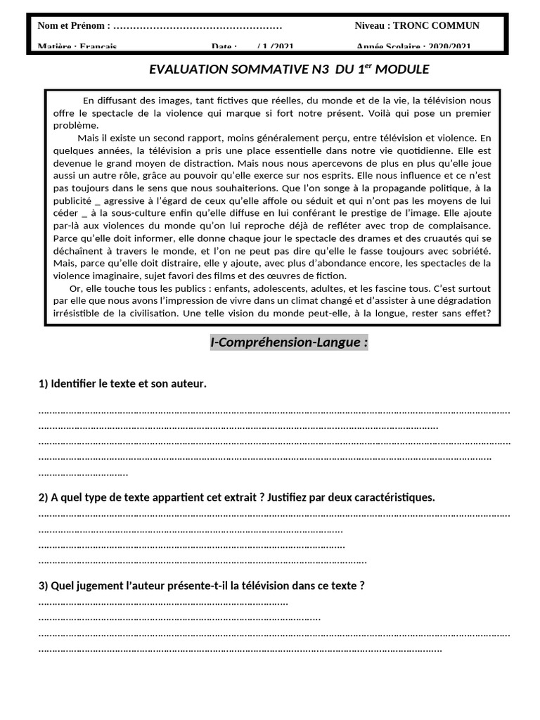 Evaluation Sommative (L 'Argumentation) | PDF