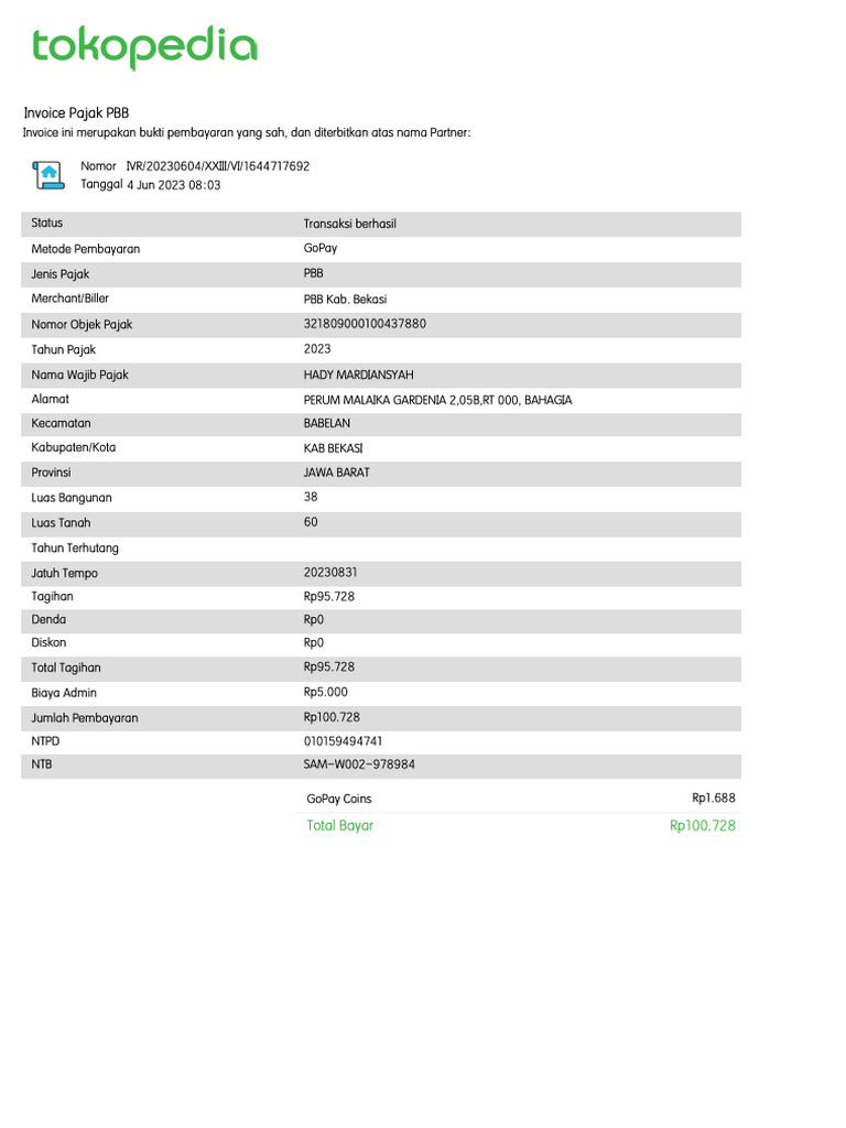 Bukti Pembayaran PBB 2023 | PDF