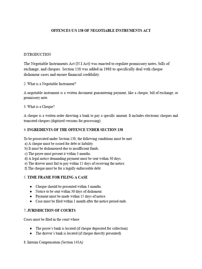 Offences U - S 138 of Negotiable Instruments Act | PDF | Cheque ...