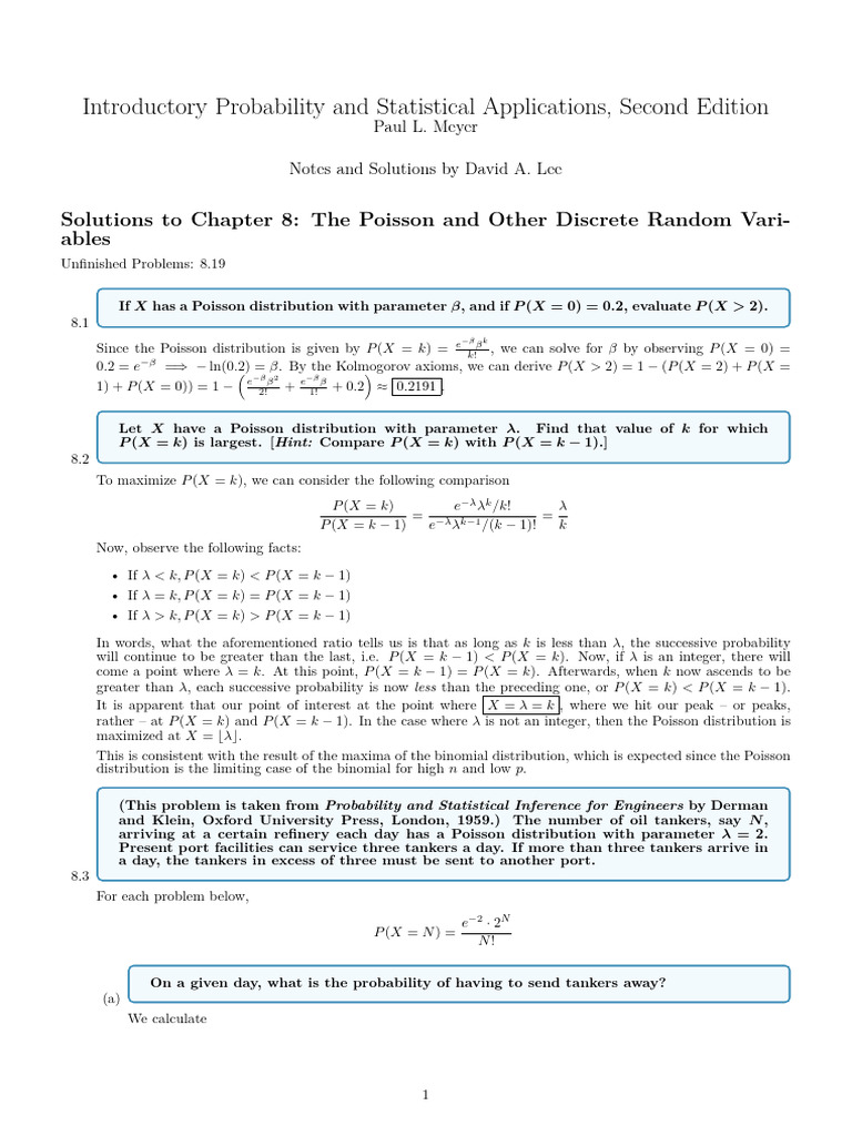 Chapter 8 - The Poisson and Other Discrete Random Variables | PDF | Poisson Distribution ...