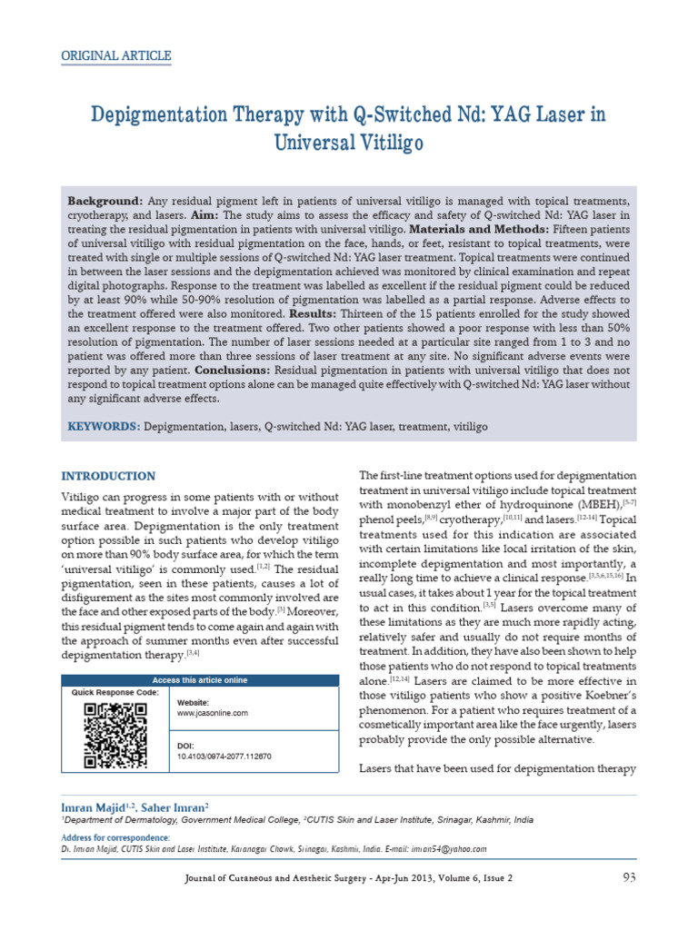 Depigmentation Therapy With QSwitched NdYAG Laser in Universal Vitiligo ...