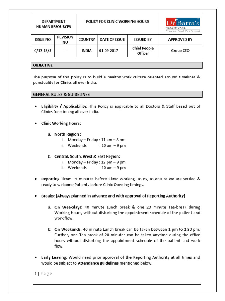 Working Hours Policy - Clinic Team RV1.0 | PDF | Workweek And Weekend