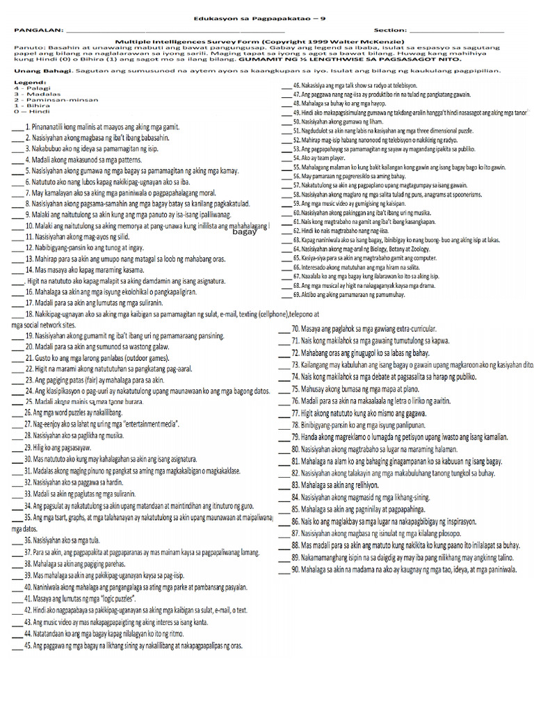 Multiple Intelligences Survey | PDF