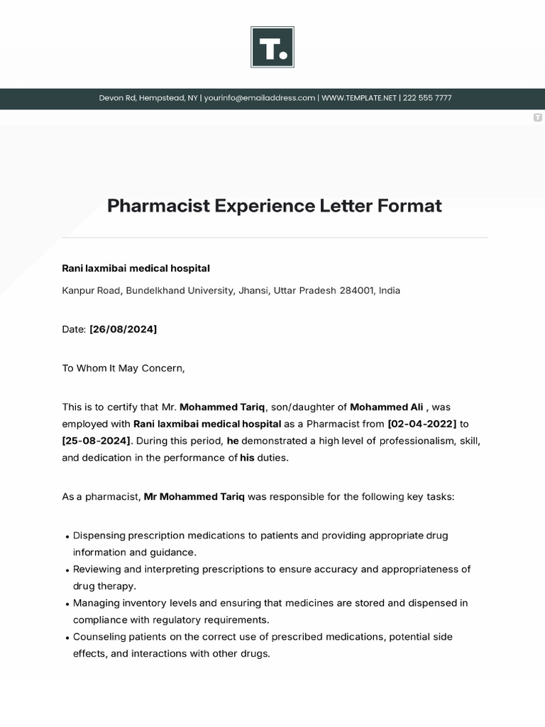 Pharmacist Experience Letter Format Template | PDF