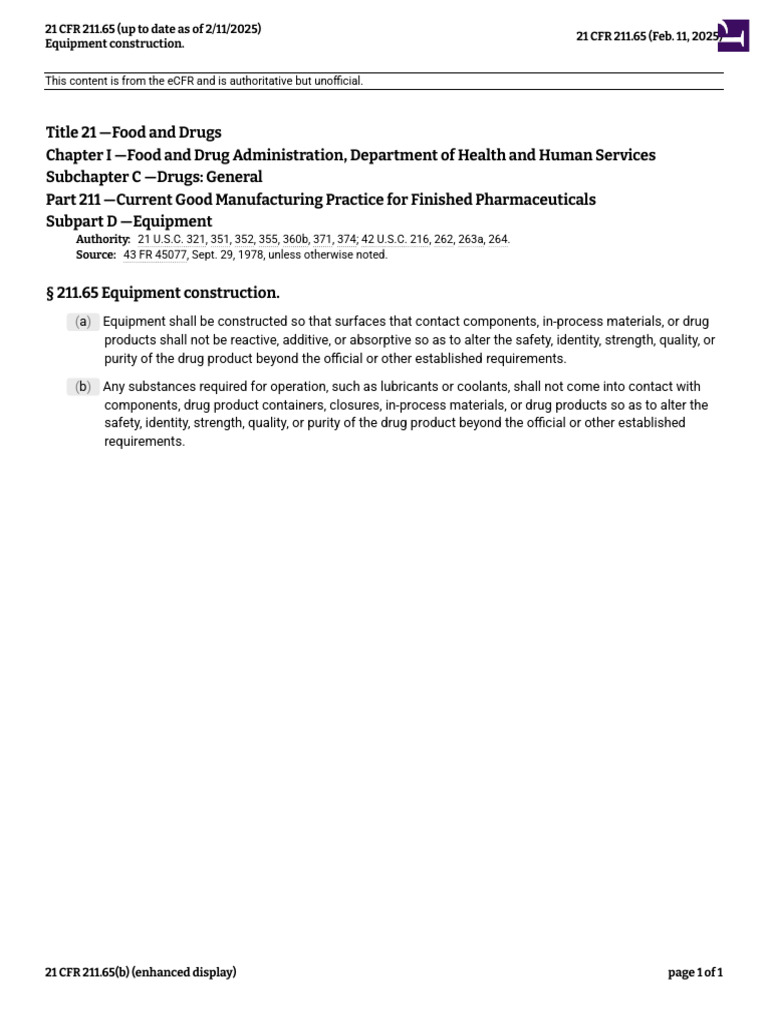 Equipment Standards in 21 CFR Part 211 | PDF