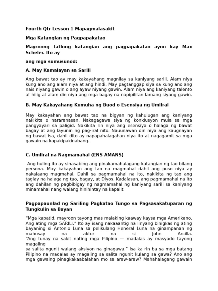 Fourth QTR Lesson 1 Mapagmalasakit | PDF