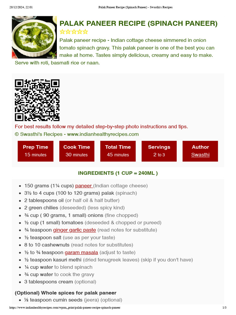 Easy Homemade Palak Paneer Recipe | PDF | Indian Cuisine | Foods