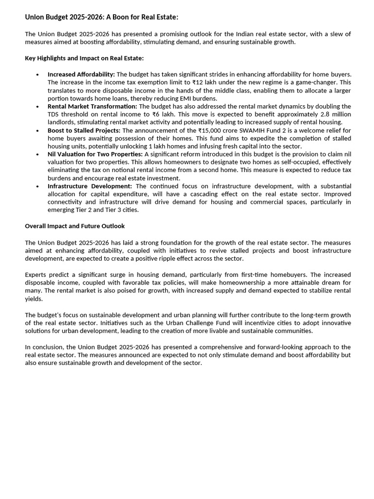 Budget Points and Its Impact On Real Estate | PDF | Infrastructure | Taxes