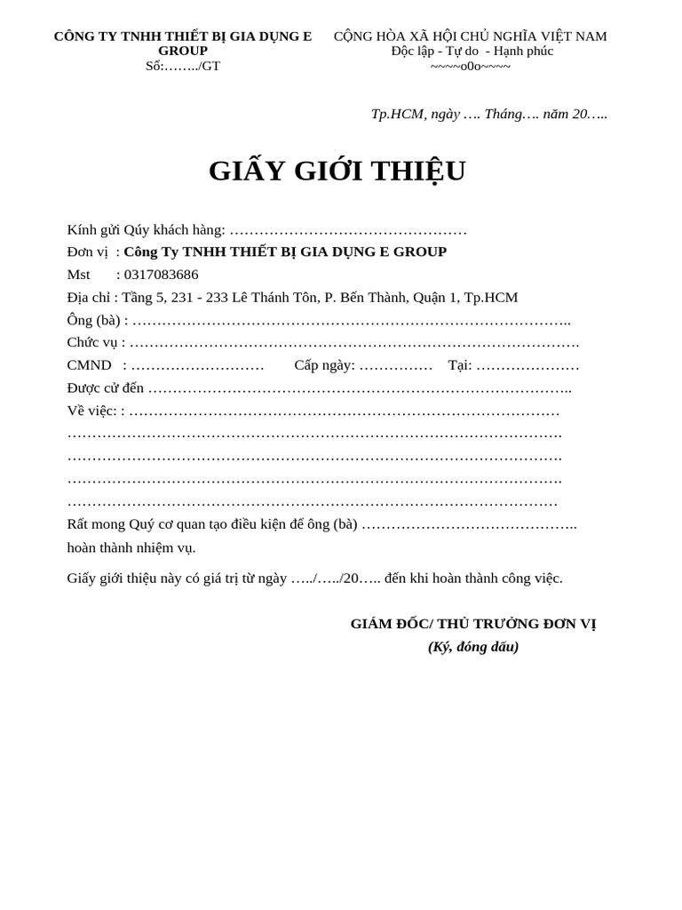 Mau Giay Gioi Thieu - Egroup | PDF