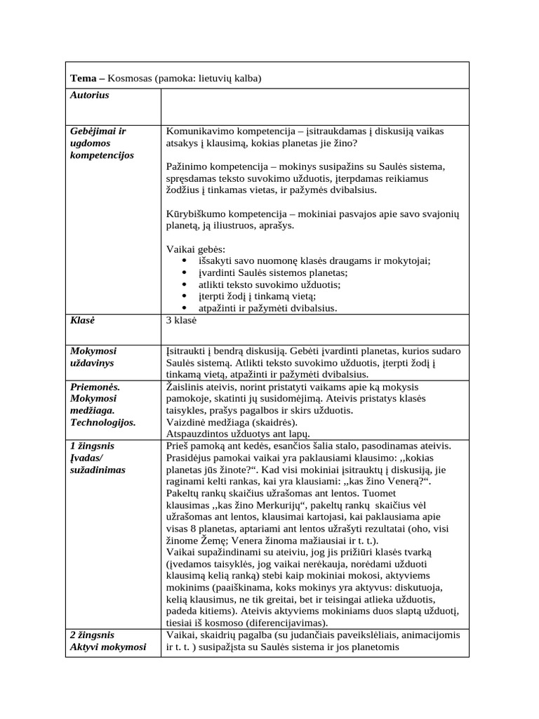 Pamokos Planas Lietuviu Pamoka 3kl | PDF