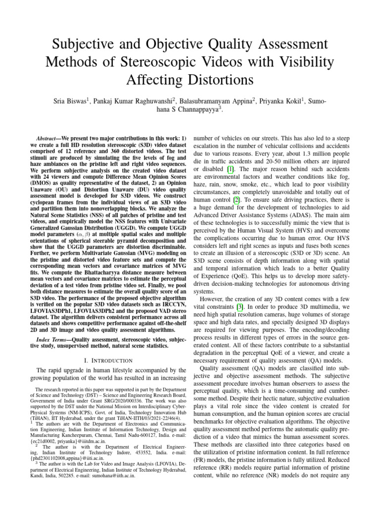 Subjective and Objective Quality Assessment Methods of Stereoscopic ...