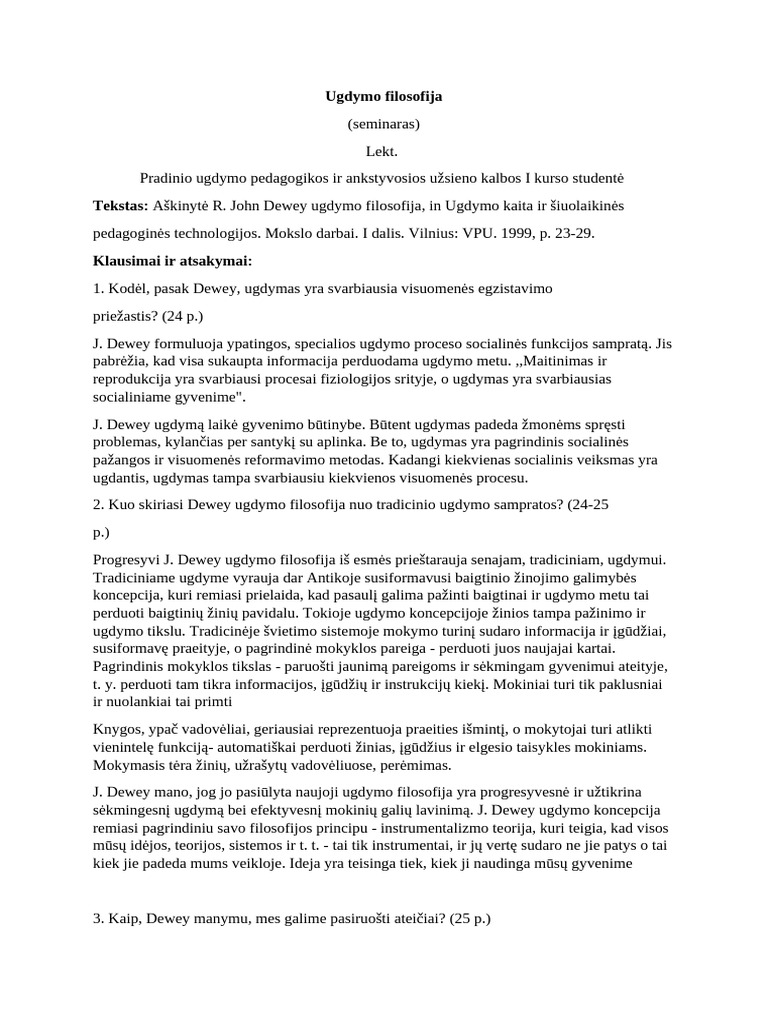 Ugdymo Filosofija J. Dewey | PDF