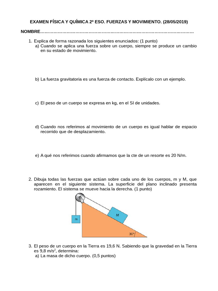 Examen de Física y Química 2º ESO: Fuerzas | PDF