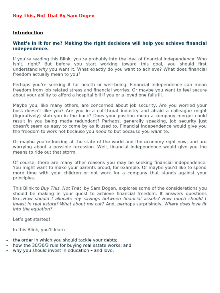 Buy This, Not That by Sam Dogen | PDF | Debt | Wealth