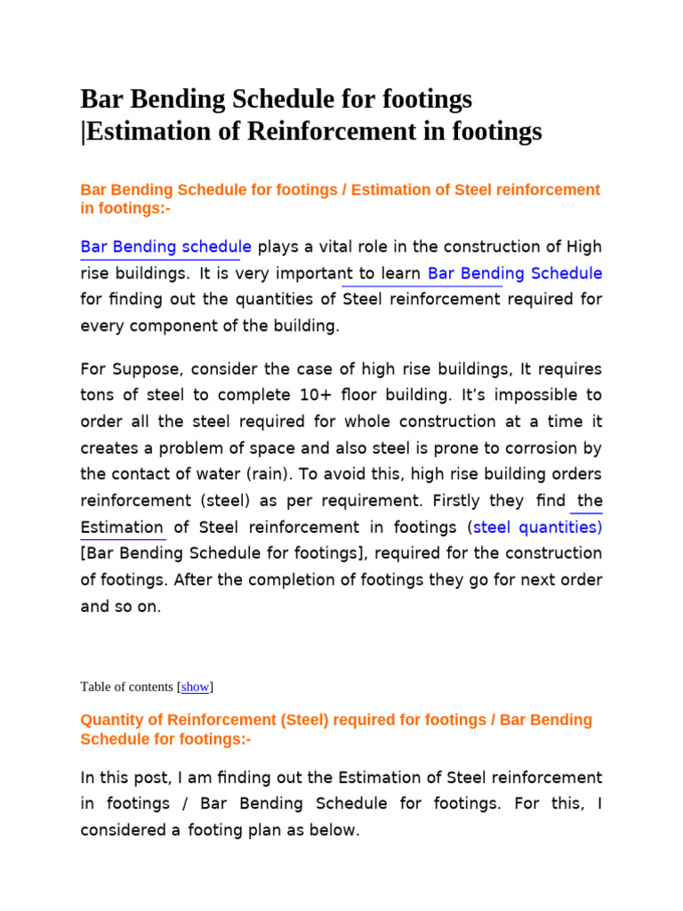Bar Bending Schedule For Footings Estimation of Reinforcement in ...