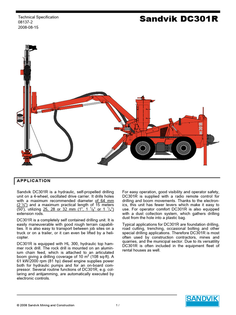 Sandvik DC301R Drilling Unit Specs | PDF | Drill | Drilling