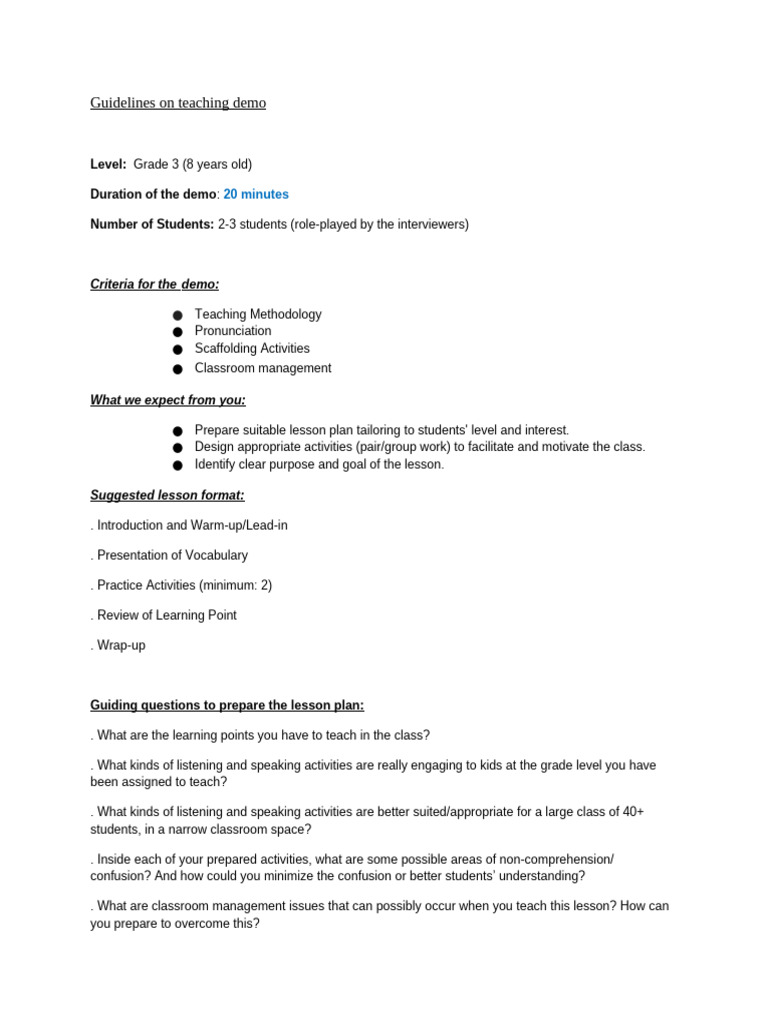 (Primary) Guidlines On Teaching Demo | PDF