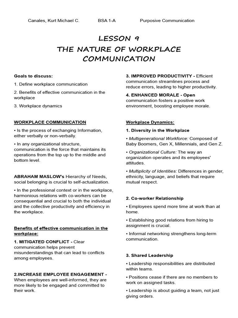 Lesson 9 - Workplace Communication | PDF | Leadership | Communication